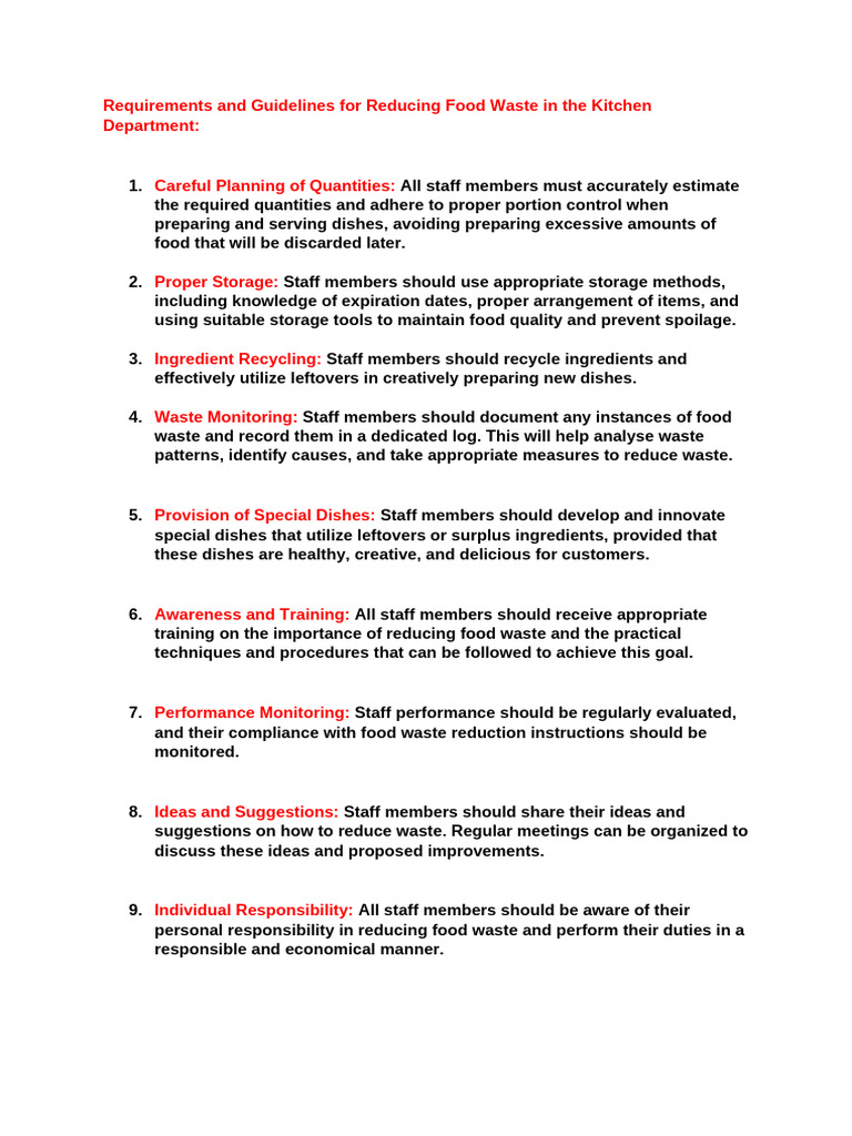 Requirements and Guidelines For Reducing Food Waste in The Kitchen ...
