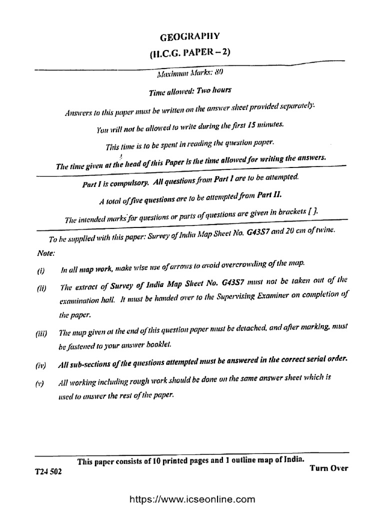 Icse Class 10 Geography Paper 2 t24 502 2024 | PDF