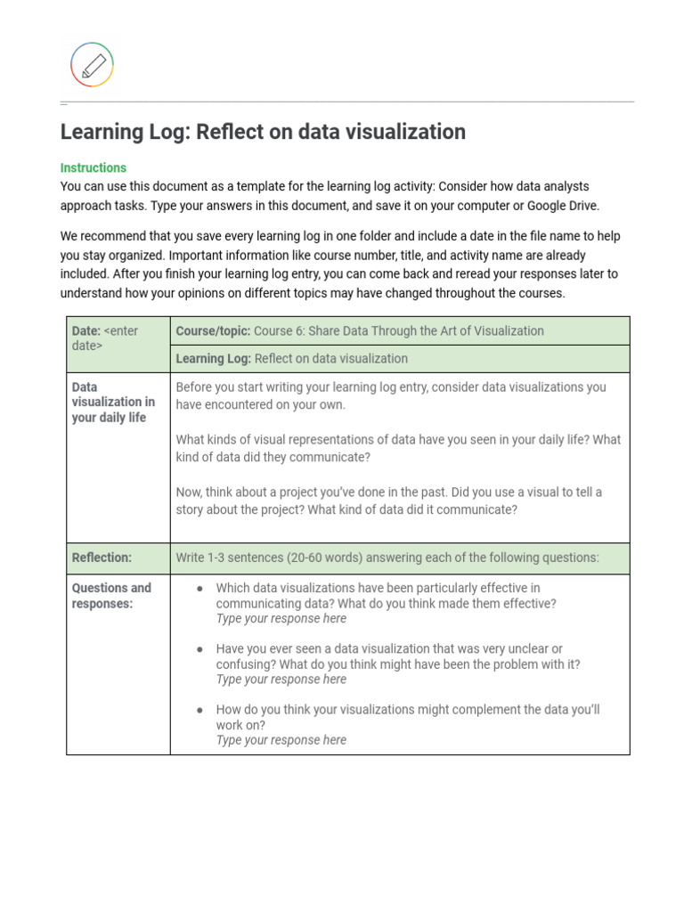 Learning Log Template - Reflect-On-Data-Visualization | PDF