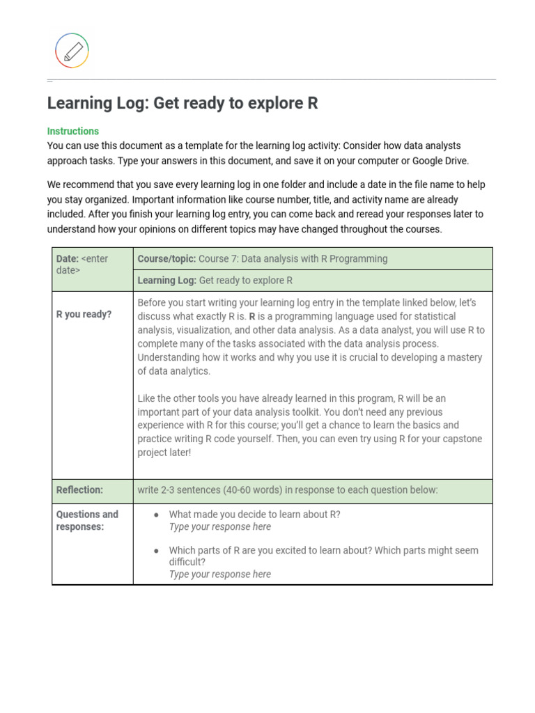 Learning Log Template - Get Ready To Explore R | PDF