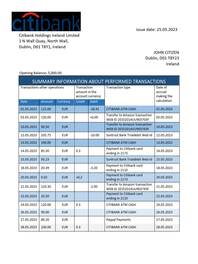 Ireland Citibank Baank Statement Word and PDF Template | PDF