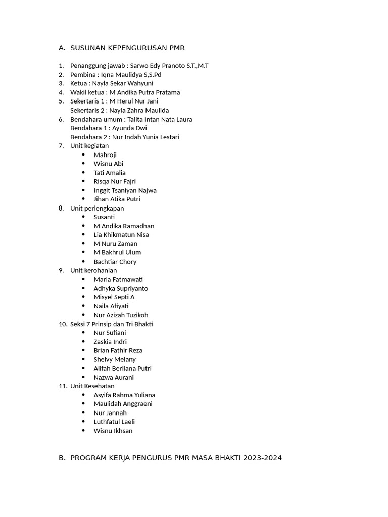Susunan Kepengurusan PMR & Proker PMR SMK Bhakti Praja Dukuhwaru | PDF
