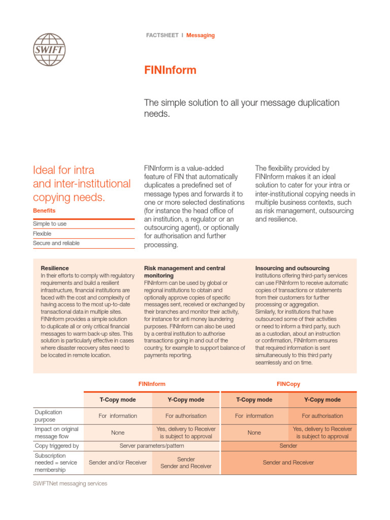 Swift Factsheet Fininform v6 | PDF | Outsourcing | Information