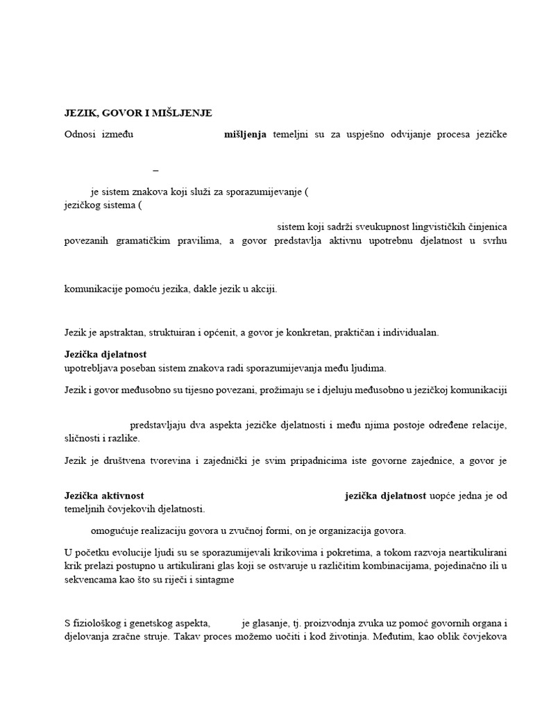 Kultura Govora: Jezik, Govor I Mišljenje Jezika Govora Mišljenja | PDF