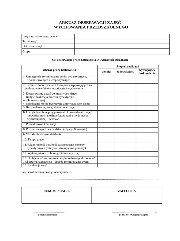 Arkusz Obserwacji Zajęć Otwartych | PDF