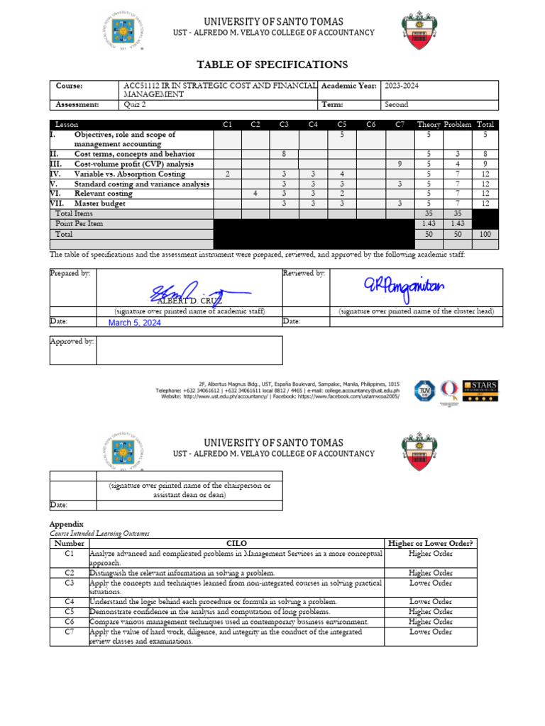 Table of Specifications: University of Santo Tomas | PDF