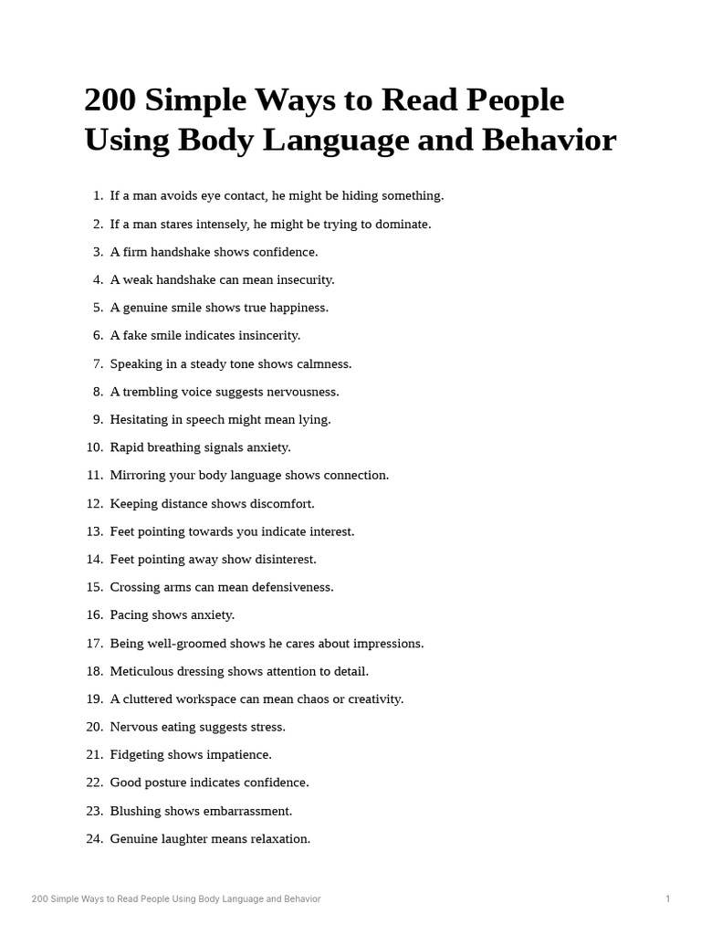 200 Simple Ways To Read People Using Body Language and Behavior | PDF