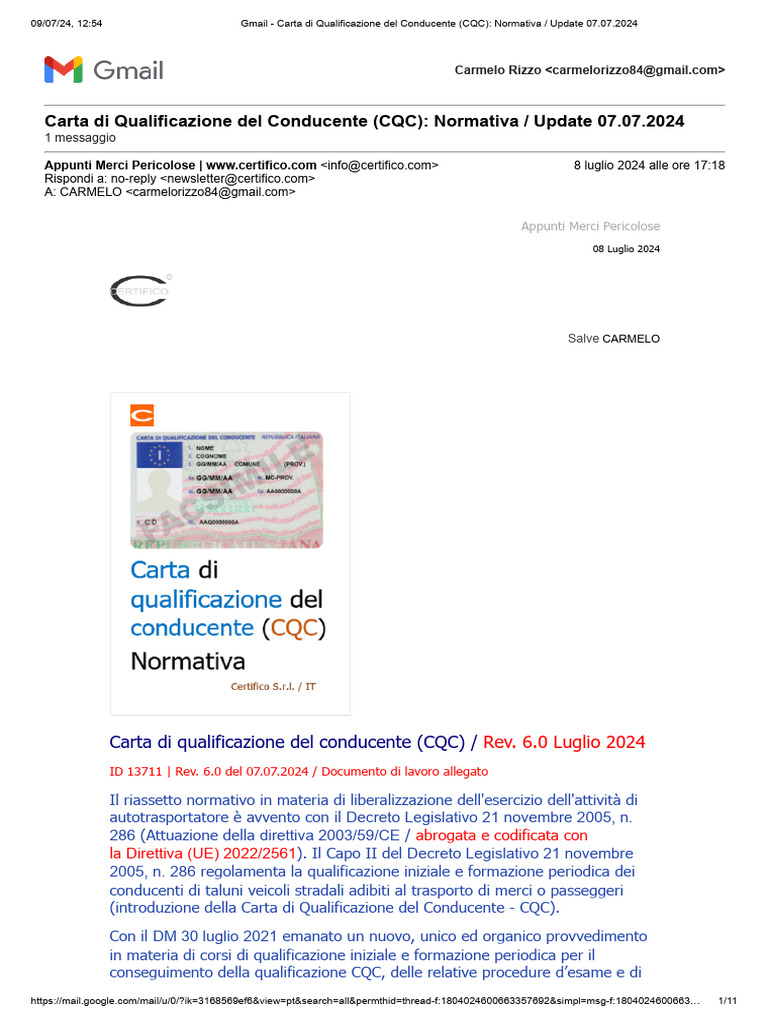 Gmail - Carta Di Qualificazione Del Conducente (CQC) - Normativa - Update 07.07.2024 | PDF