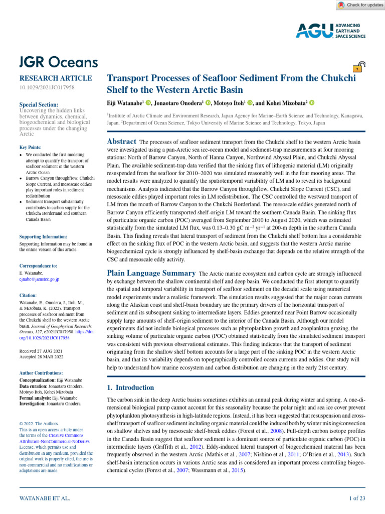 JGR Oceans - 2022 - Watanabe - Transport Processes of Seafloor Sediment ...