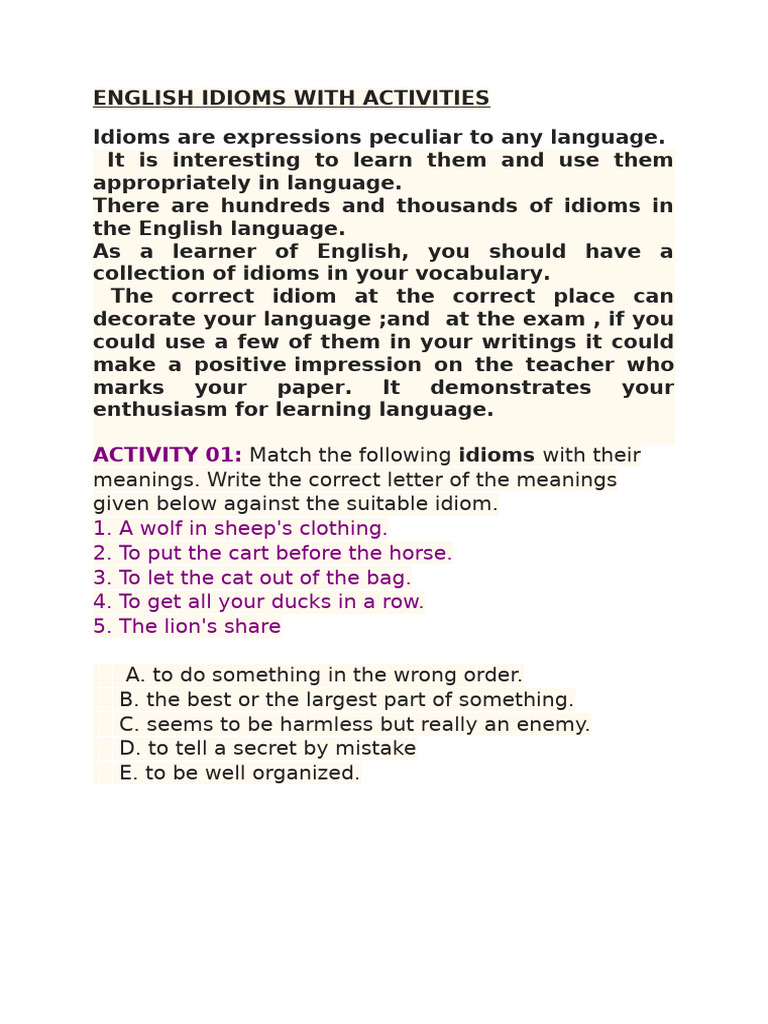 English Idioms With Activities | PDF