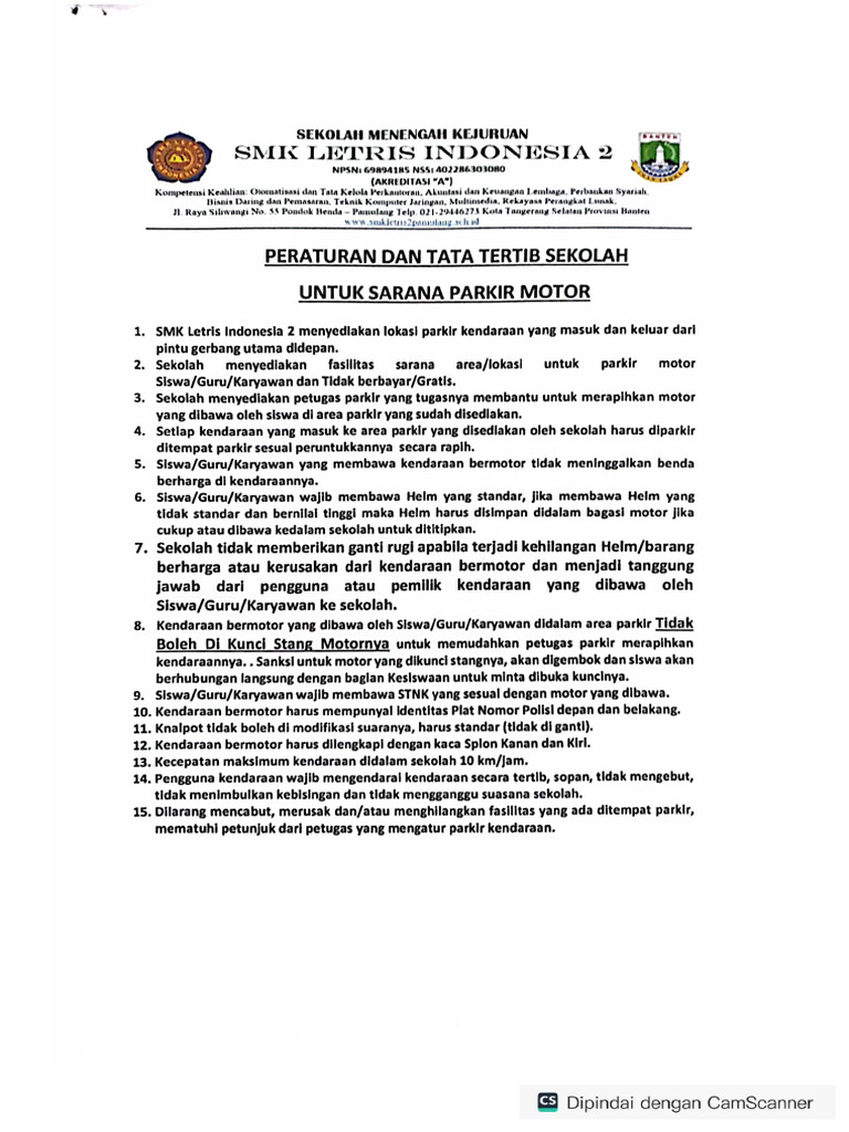 Peraturan Sarana Parkir Sekolah SMK Letris Indonesia 2 | PDF