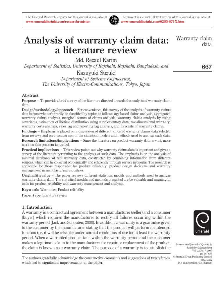 Analysis of Warranty Claim Data | PDF
