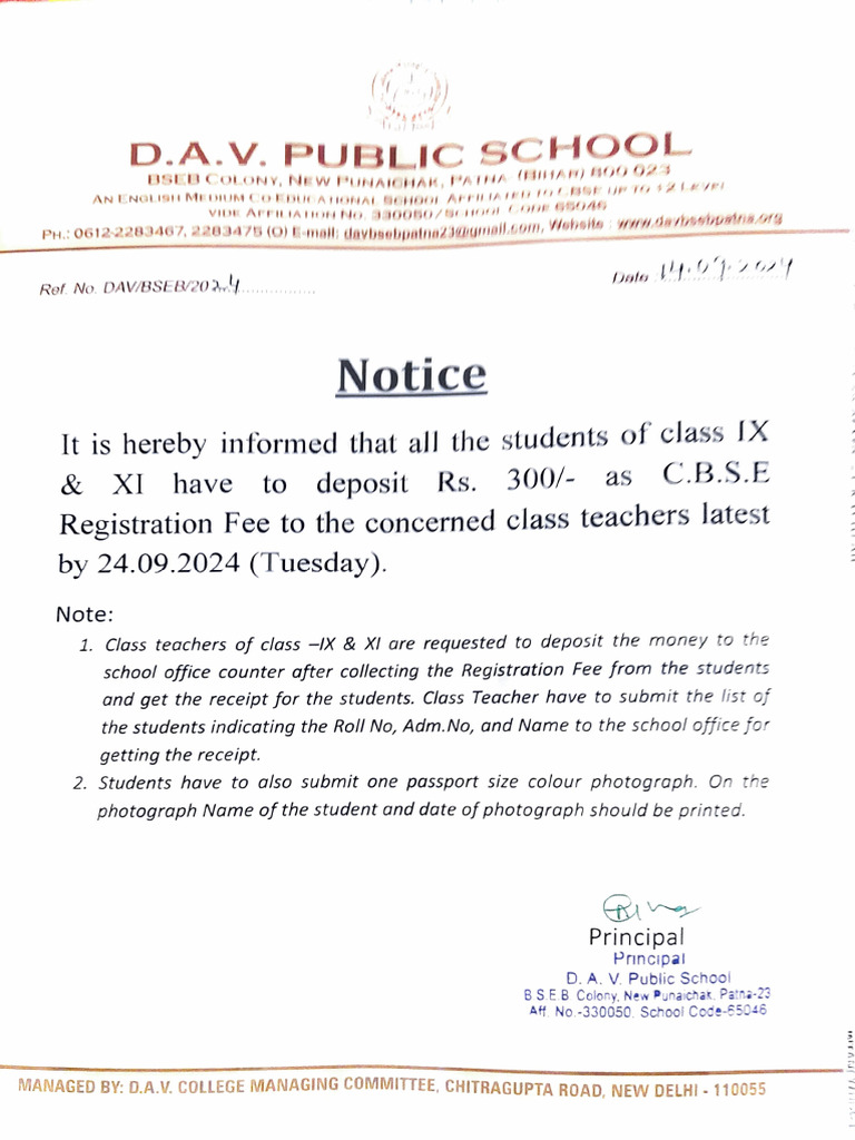 Notice For CBSE Registration Fee (Class IX & XI) . | PDF