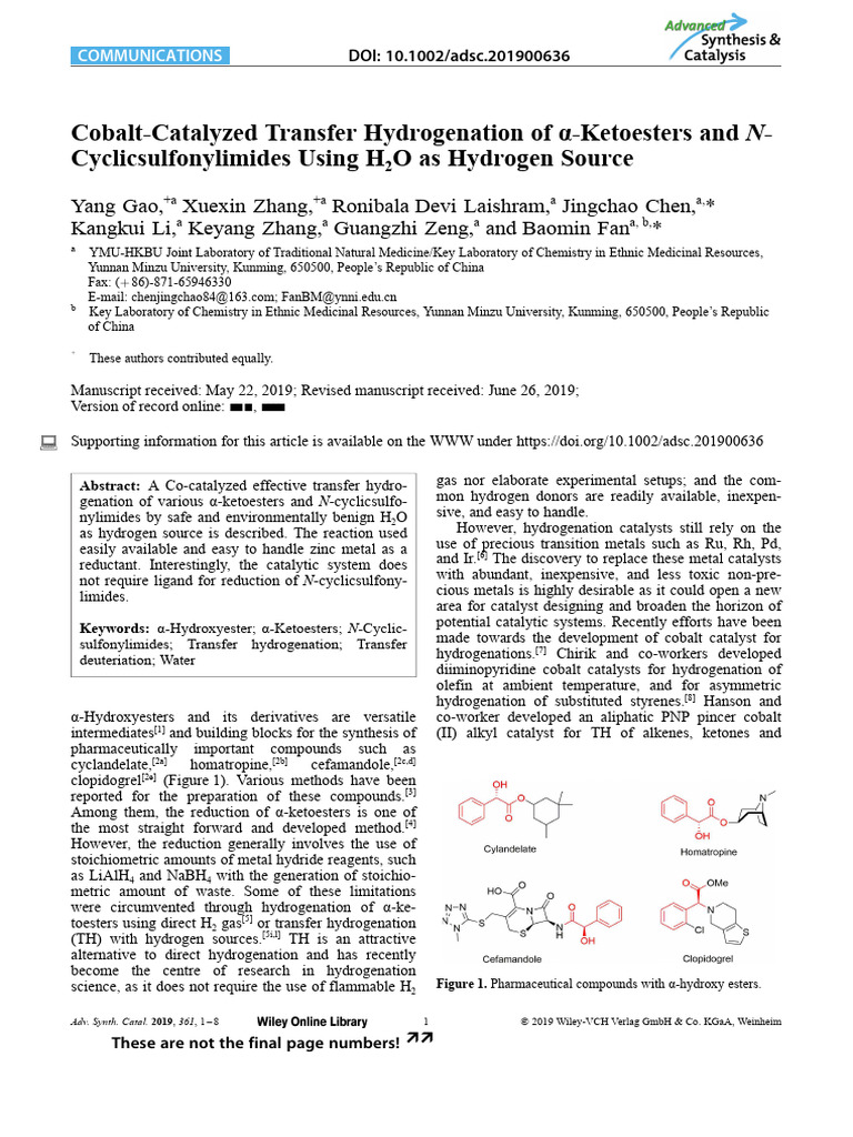 Cobalt-Catalyzed Transfer Hydrogenation of α-Ketoesters and ...