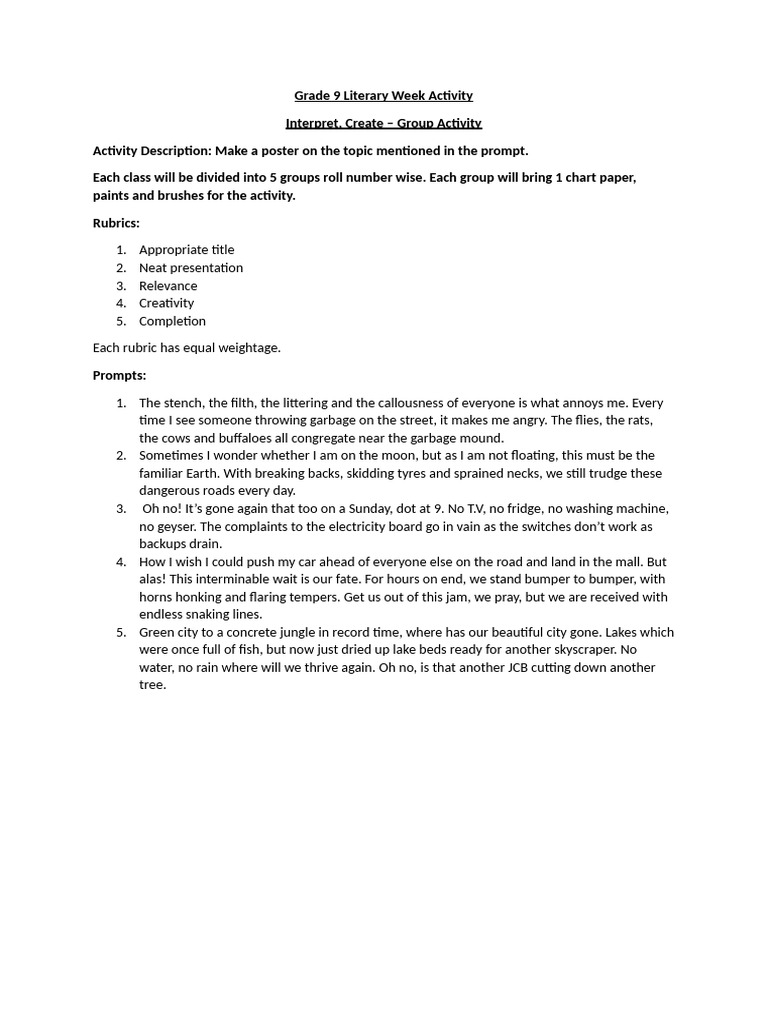 Grade 9 Literary Week Activity | PDF