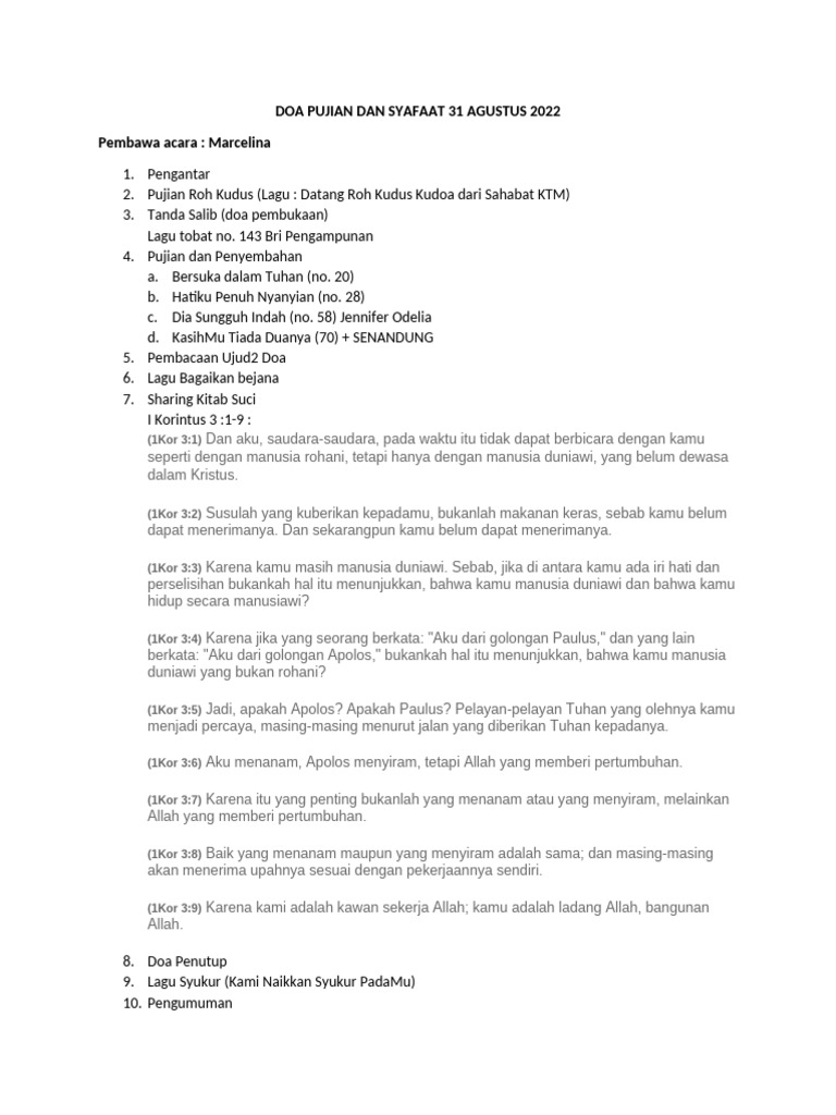 DOA PUJIAN DAN SYAFAAT 31 AGUSTUS 2022 | PDF