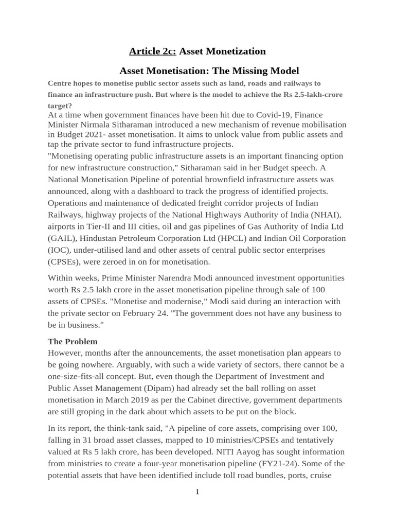 Article 2c 2021-22 - Asset Monetization | PDF