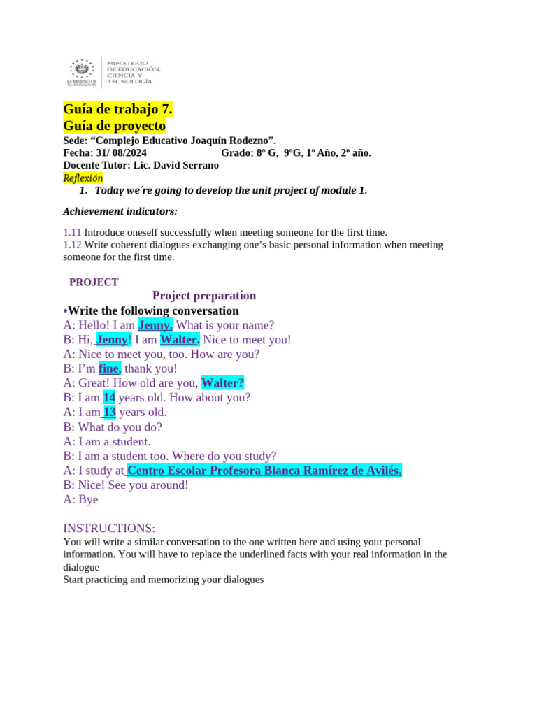 Guia de L-7 Project Unit 1 Prea1 Jr 2024 | PDF