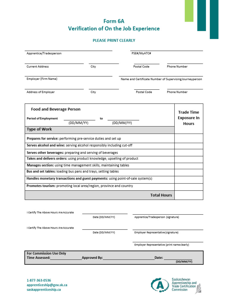 Food and Beverage Person - Form 6A Verification of Trade Experience ...