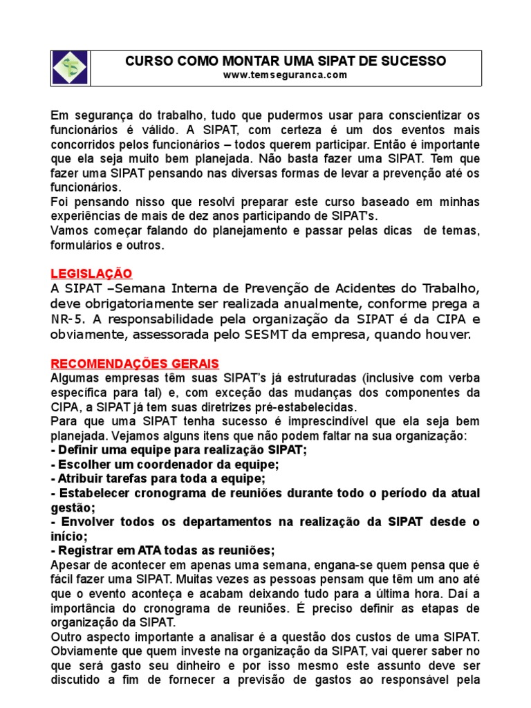 Curso Como Montar Uma SIPAT de Sucesso | PDF | Tempo | Planejamento