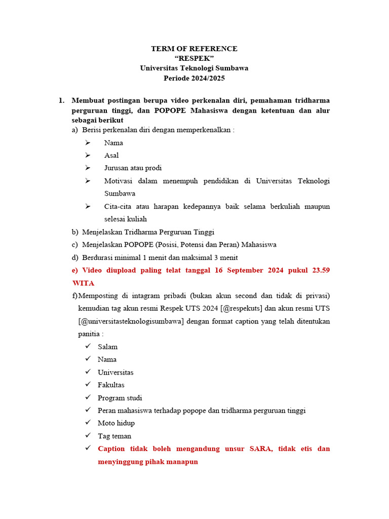 Tor Penugasan Respek Uts 2024 | PDF