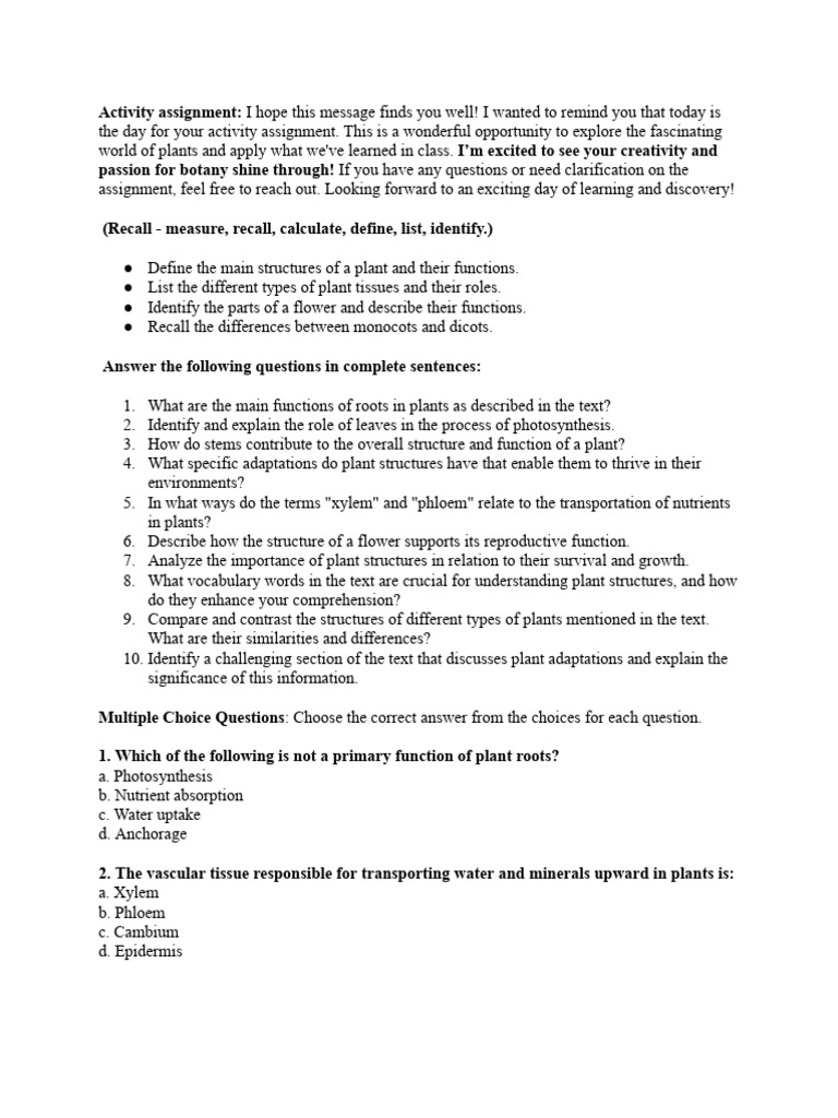 Plant Structure Activity Assignment | PDF