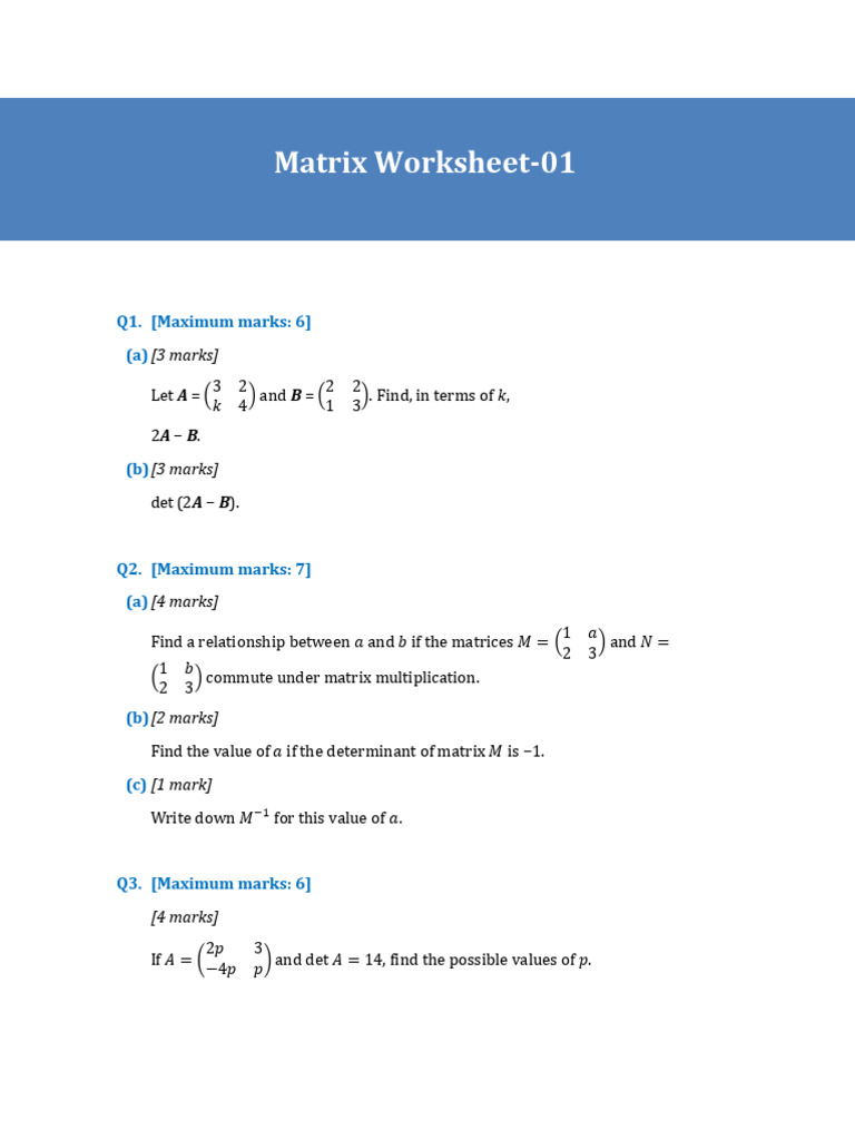 Matrix - Worksheet 1 | PDF