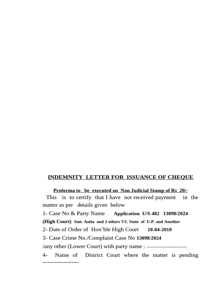 Indemnity Letter For Issuance of Cheque 07-01-2022 03-7-24 | PDF