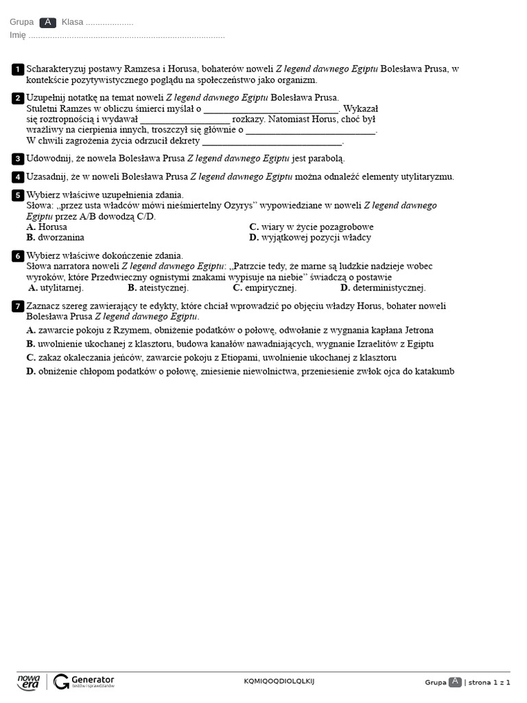 Bolesaw Prus Z Legend Dawnego Egiptu Test Bez Widocznej Punktacji | PDF