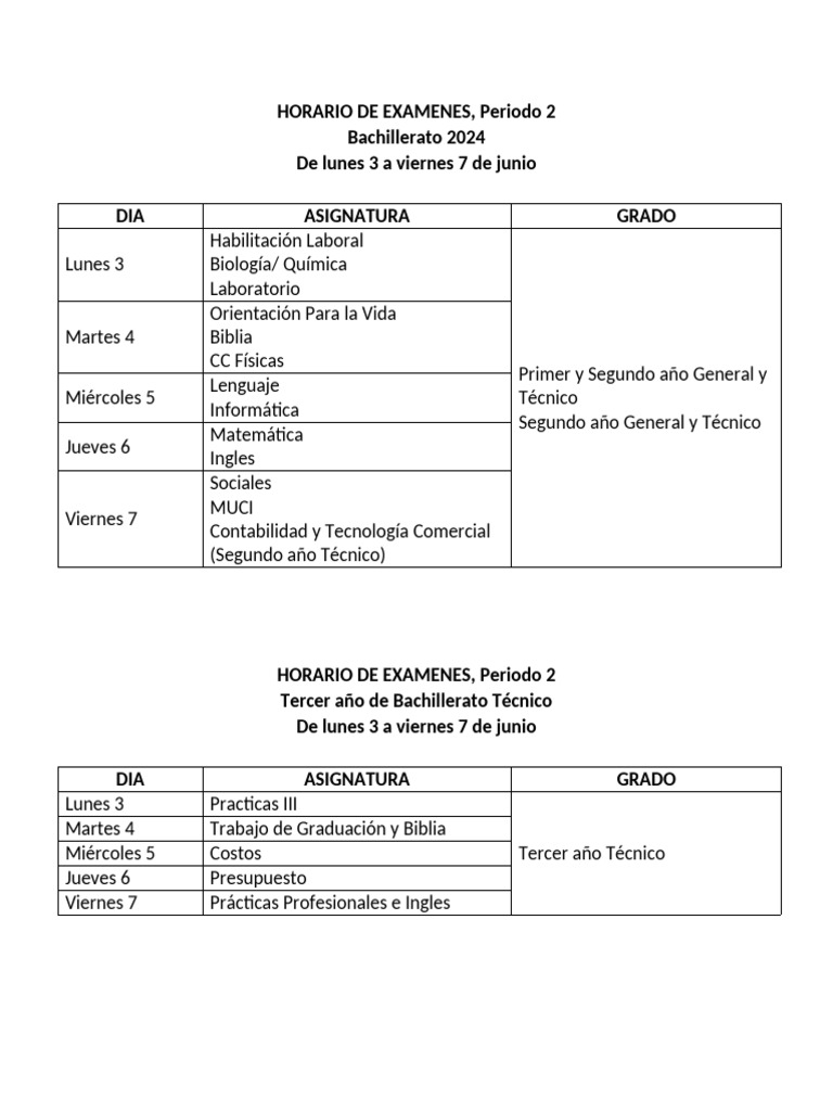 Horario de Examenes P2 | PDF