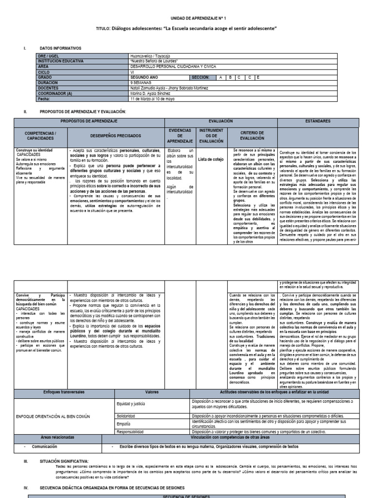 1° UNIDAD DE APRENDIZAJE - 2° - DPCC - Natalí | PDF