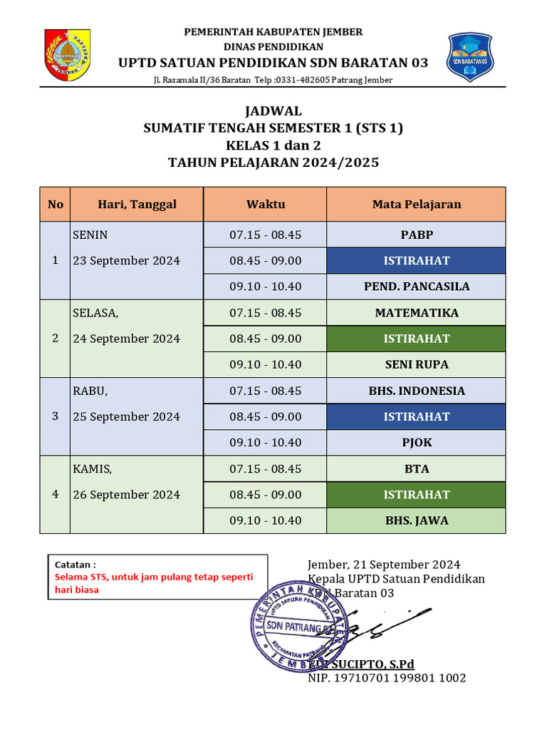 JADWAL STS 1 KLS 1-2 Barga 2024 2025 | PDF