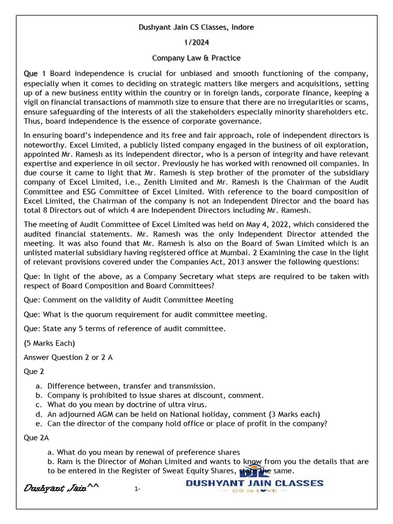 100 Marks Test Company Law Half Yearly - 240917 - 194211 | PDF | Equity ...