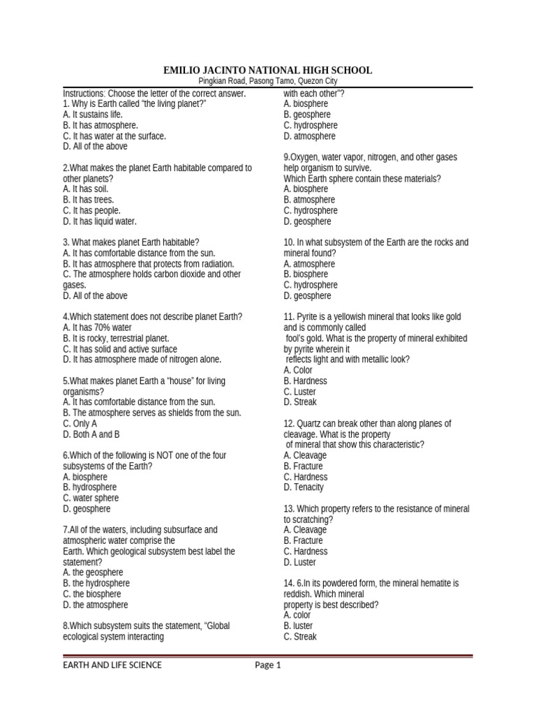 Earth and Life Science Exam (Key Answer) | PDF