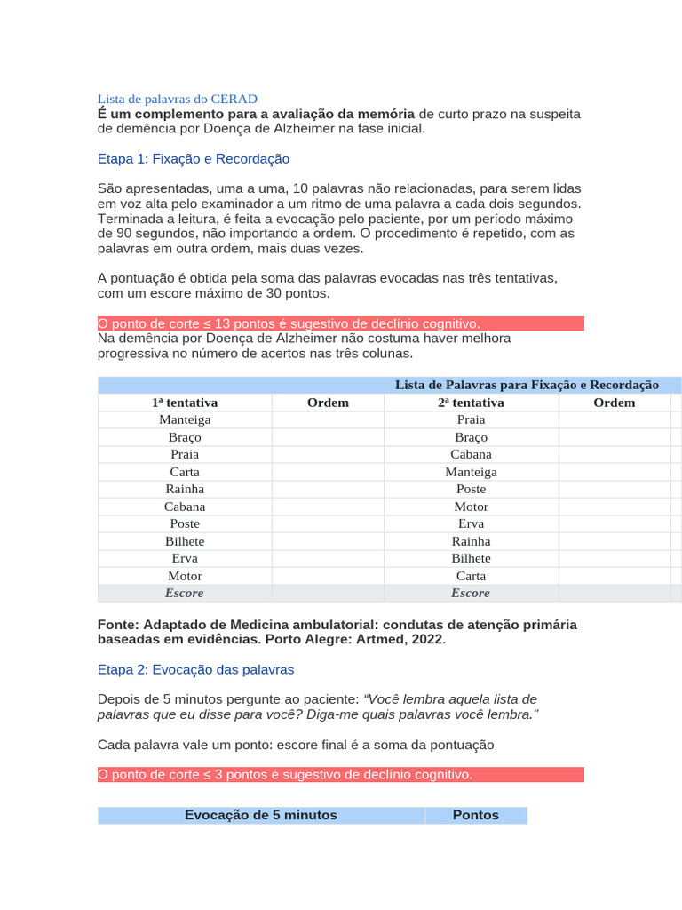 Lista de Palavras Do CERAD | PDF