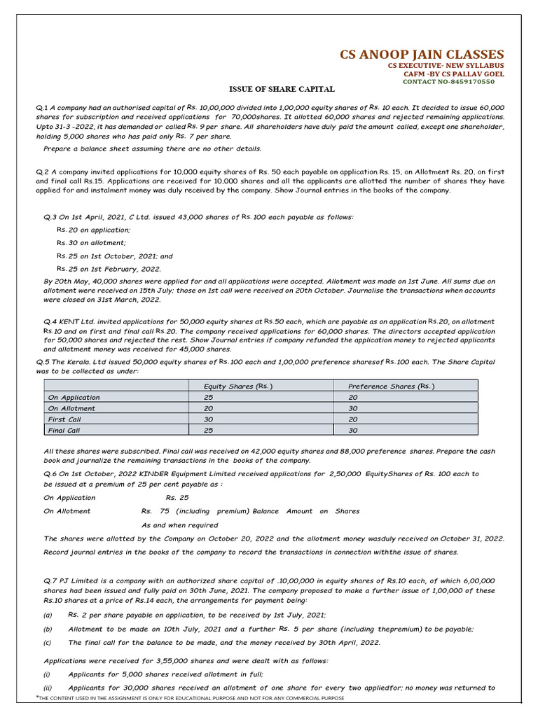 Issue of Share Only Question | PDF | Equity (Finance) | Balance Sheet