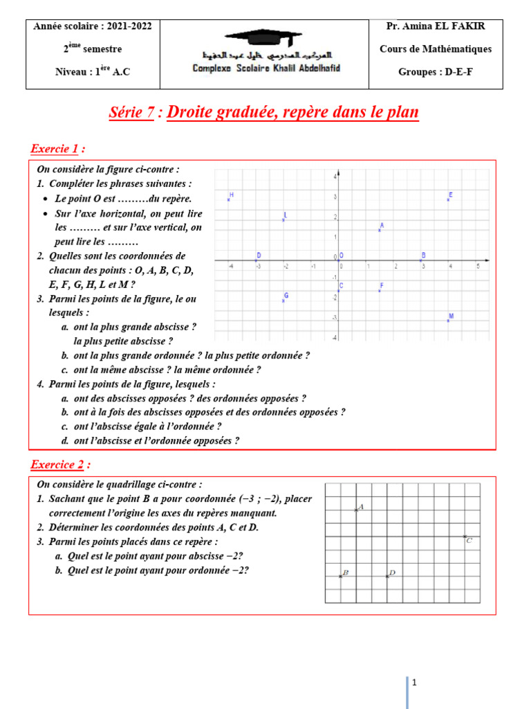 Série7-Droite Graduée, Repère Dans Le Plan | PDF Série7-Droite Graduée, Repère Dans Le Plan | PDF