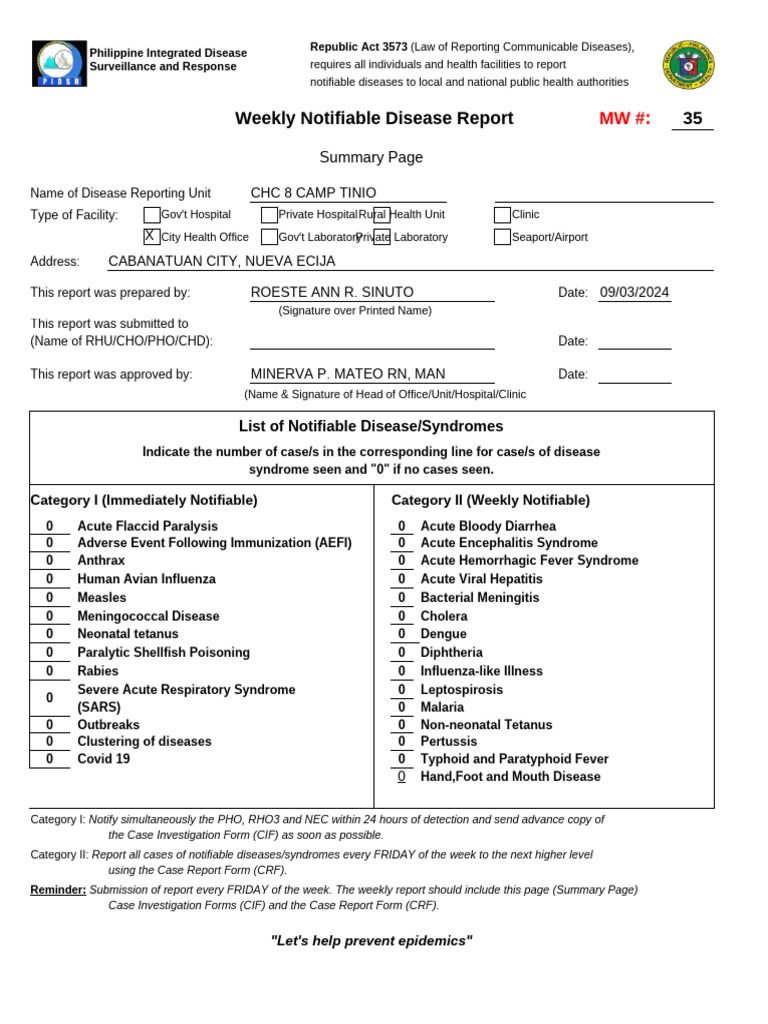 Weekly Notiafiable Dse. Report | PDF