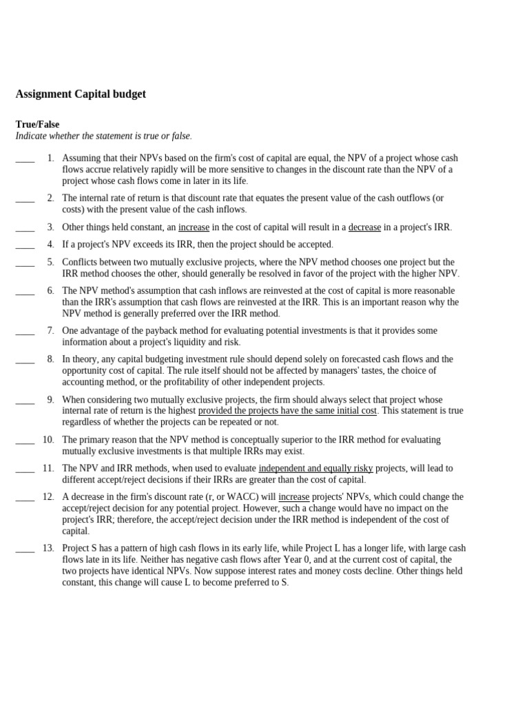 Capital Budgeting True/False Quiz | PDF | Capital Budgeting | Business