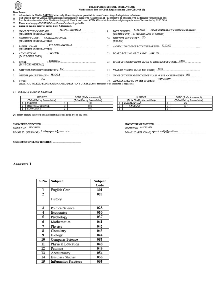 Registration Form Class Xi 2024-25.Docx (1)(1) (3) (1) | PDF