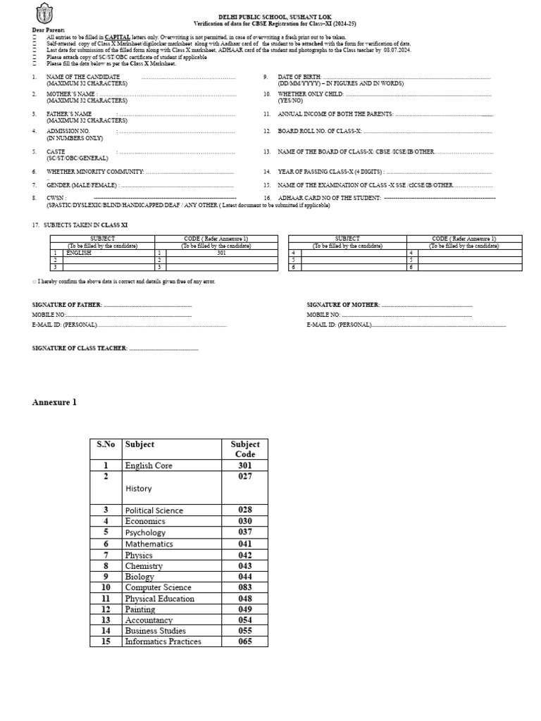 Registration Form Class Xi 2024-25 | PDF