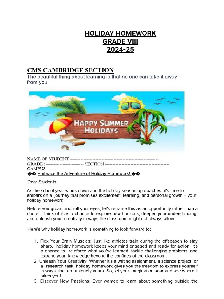 Holiday Homework Grade 8 Pdf