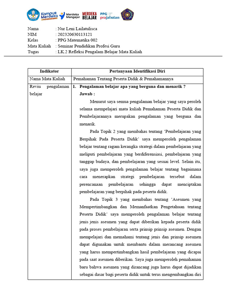 LK 2. Refleksi Pengalaman Belajar - Pemahaman Tentang Peserta Didik Dan Pembelajarannya - Nur ...