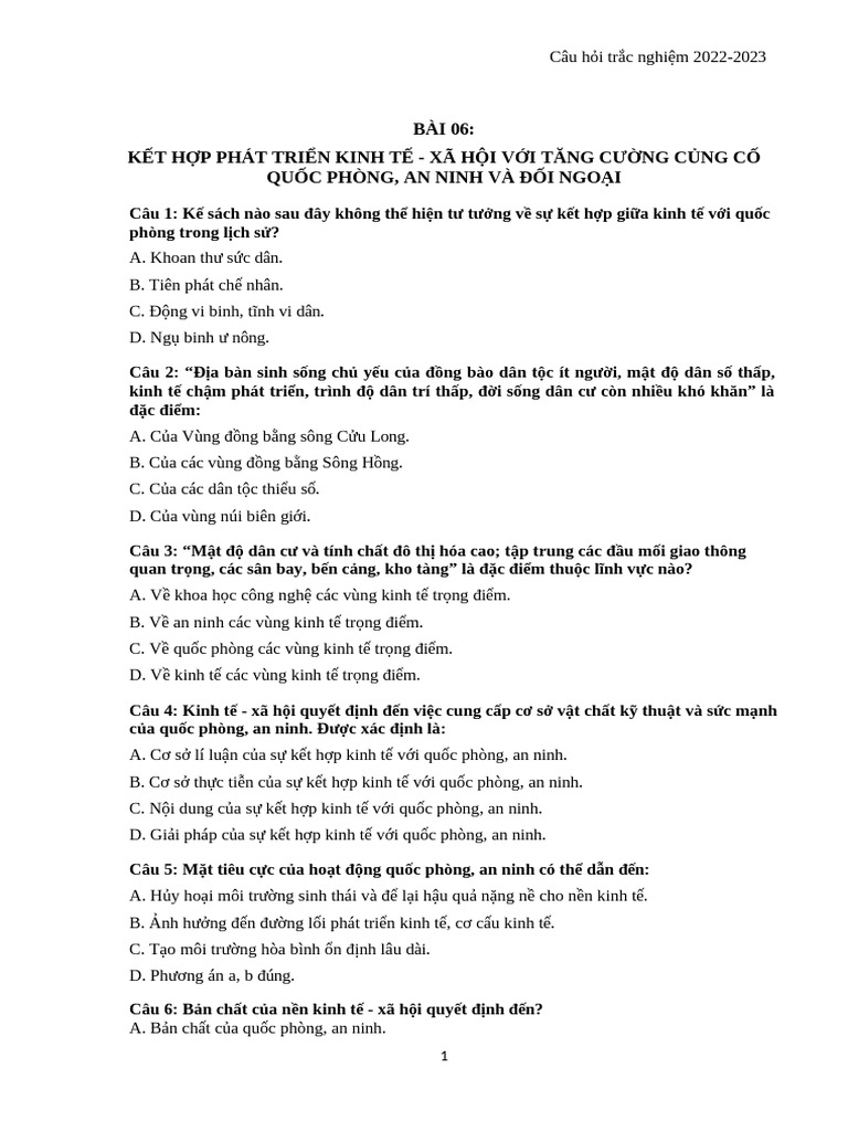 Nội Dung Ôn Bài 6. Kết Hợp Kt-xh Với Qpan | PDF