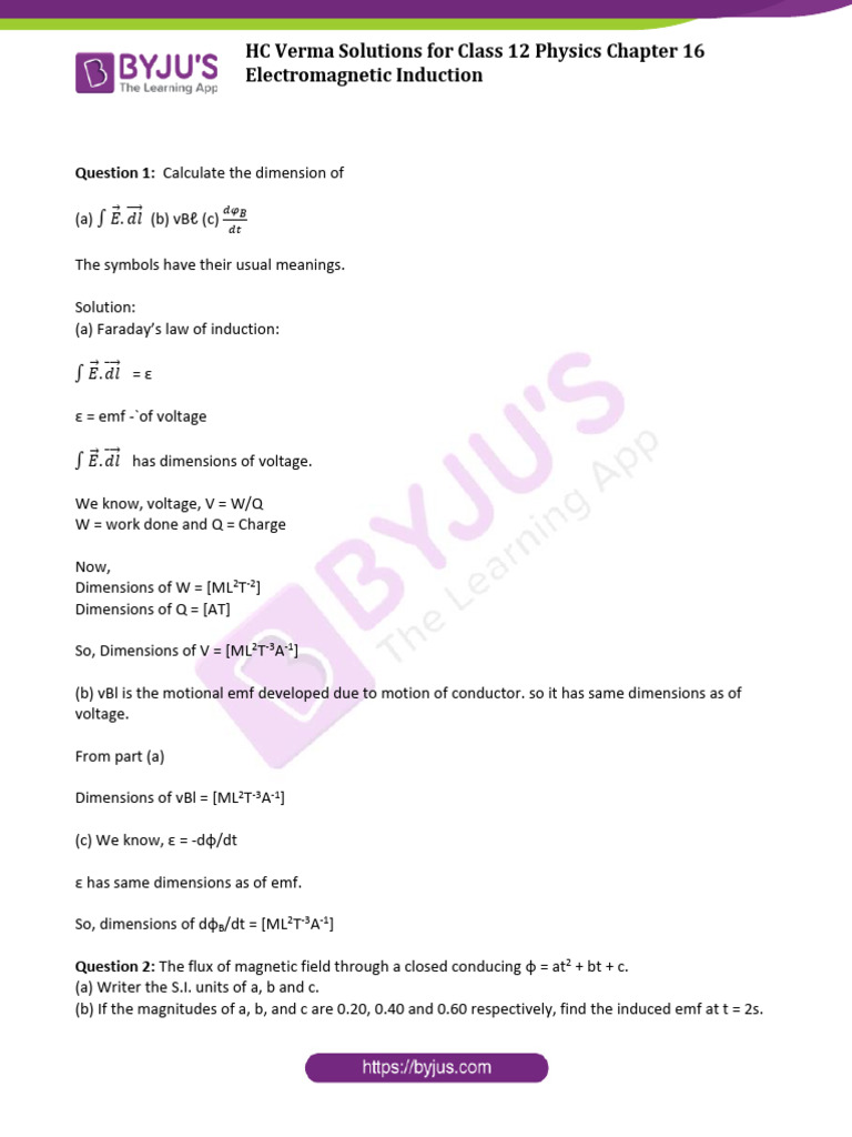 HC Verma Solutions Class 12 Physics Chapter 16 Electromagnetic Induction | PDF