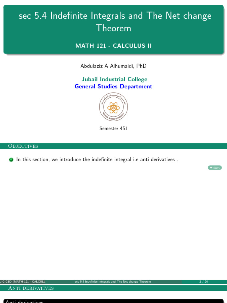 Sec 5.4 The Indefinite Integrals and The Net Change Theorem | PDF