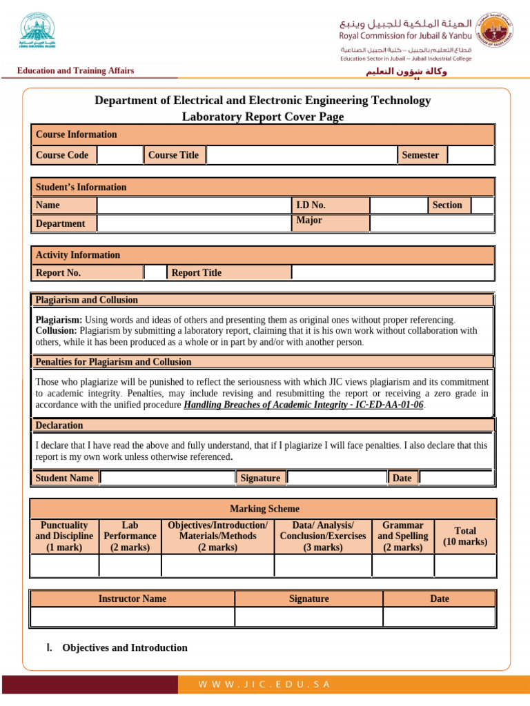 JIC - Laboratory Report Cover Page With Guidelines | PDF