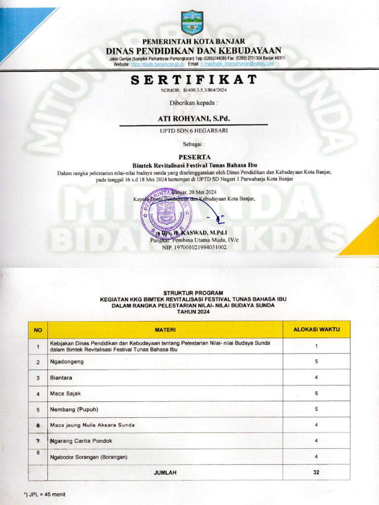 Sertifikat Bimtek Revitalisasi FTBI - Ati Rohyani | PDF