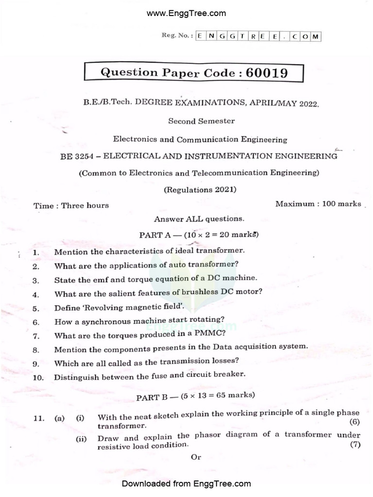 BE3254 Electrical and Instrumentation Engineering Apr May 2022 Question ...