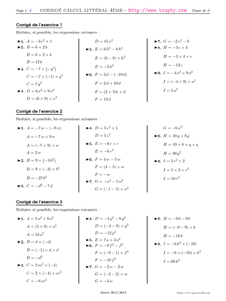 Calcul Litteral 1 Corrige | PDF